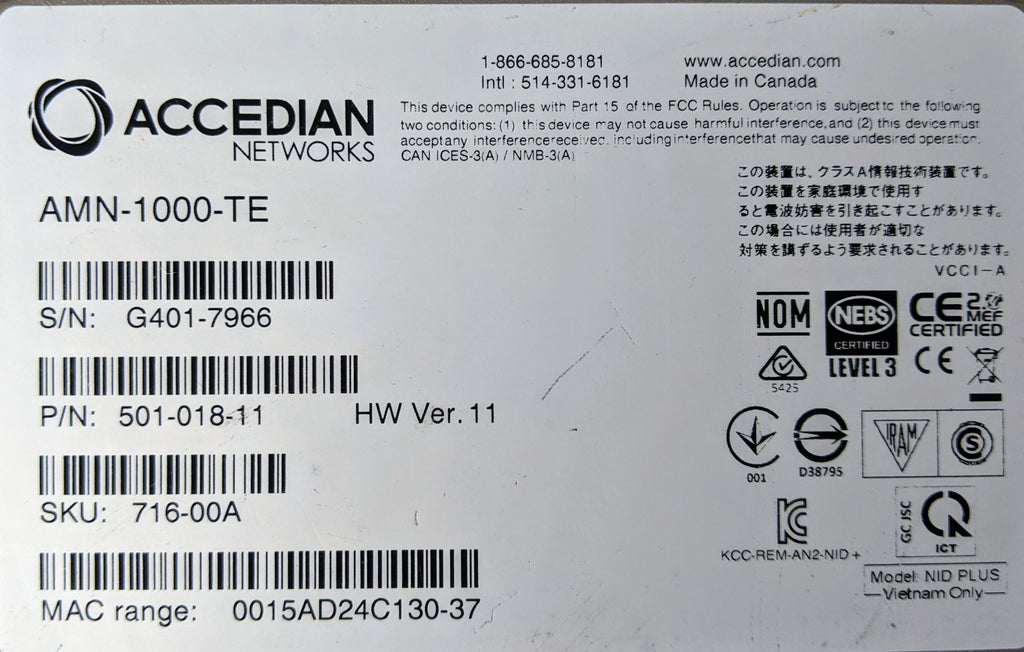 Accedian Networks Amn 1000 Te Network Interface Device Buffalo Computer Parts